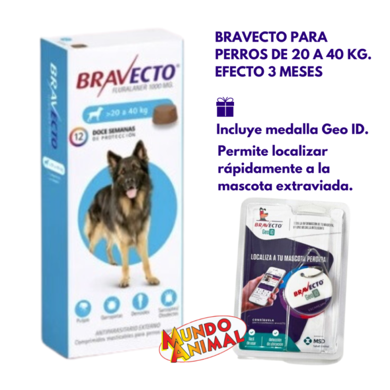 BRAVECTO PARA PERROS DE 20 A 40 KG - EFECTO 3 MESES - Mundo Animal